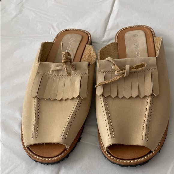 Andre Assous | Shoes | Andre Assous Tan Mules With Peeptoe And Fringe ...